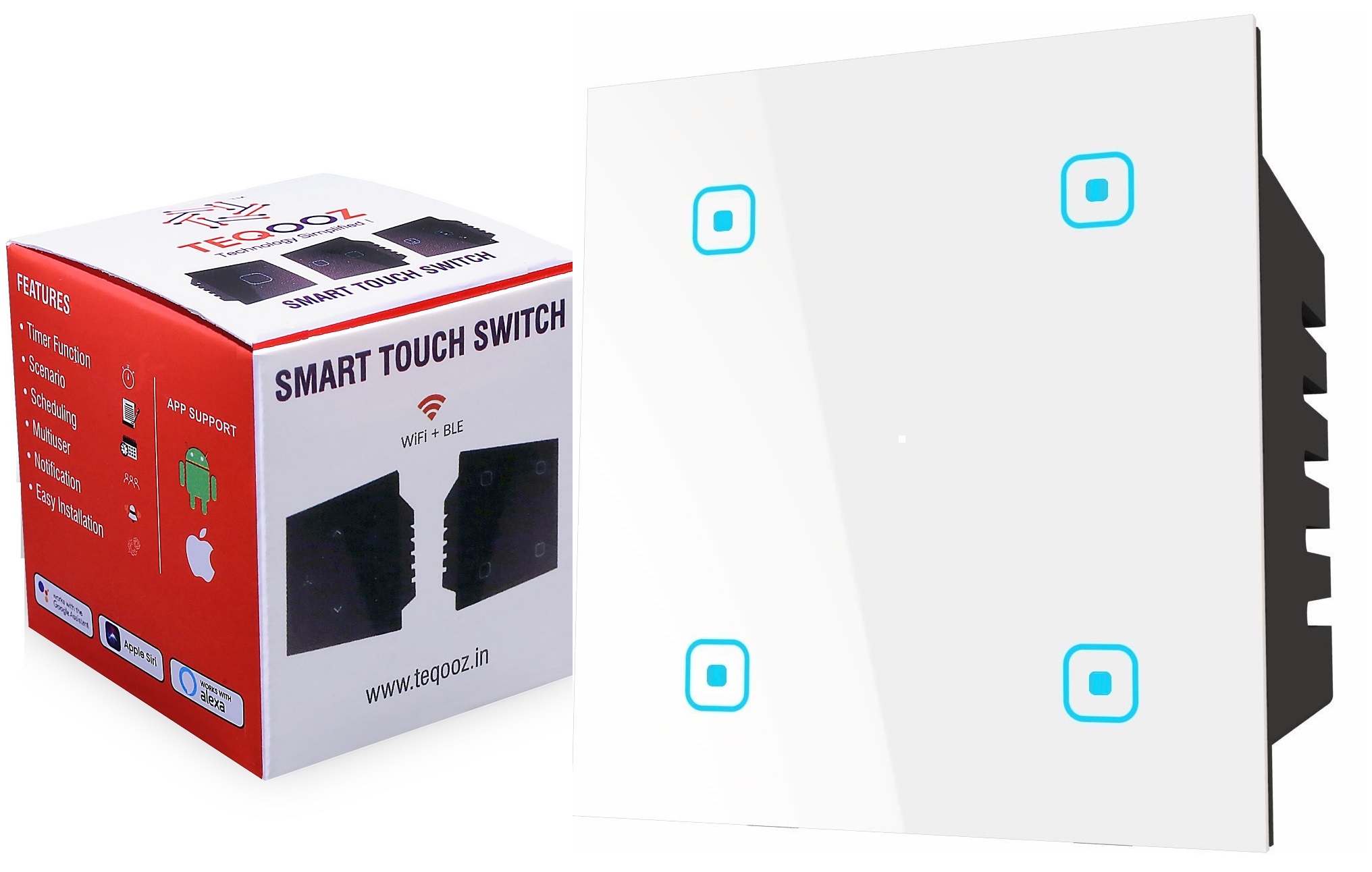 TEQOOZ 4-Switch Smart Wi-Fi + Bluetooth Touch Switch (White) - Teqooz ...